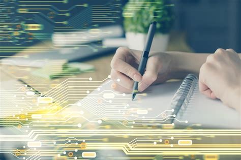 Premium Photo Double Exposure Of Hands Making Notes With Digital