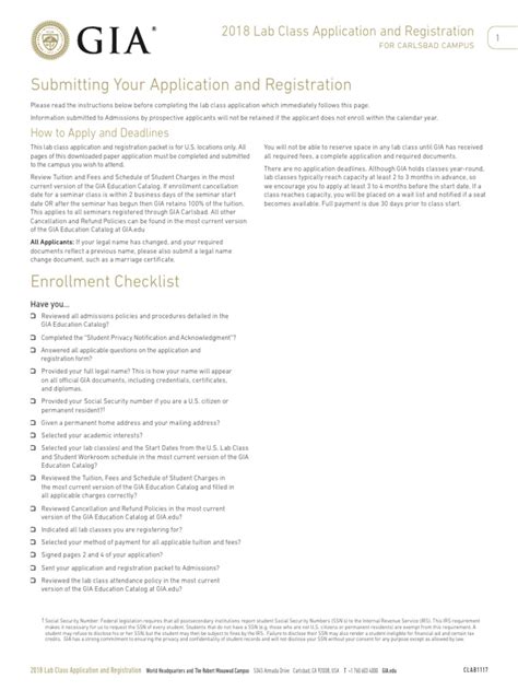 Gia 2018 Carlsbad Lab Class Application Pdf Fee Credit Card