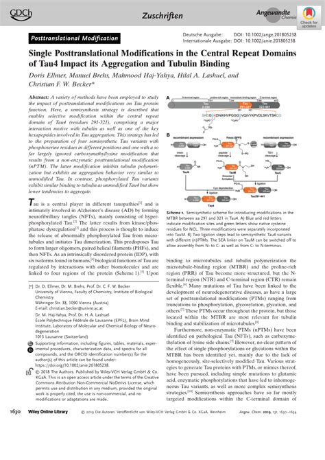 Pdf Single Posttranslational Modifications In The Central Repeat Domains Of Tau4 Impact Its