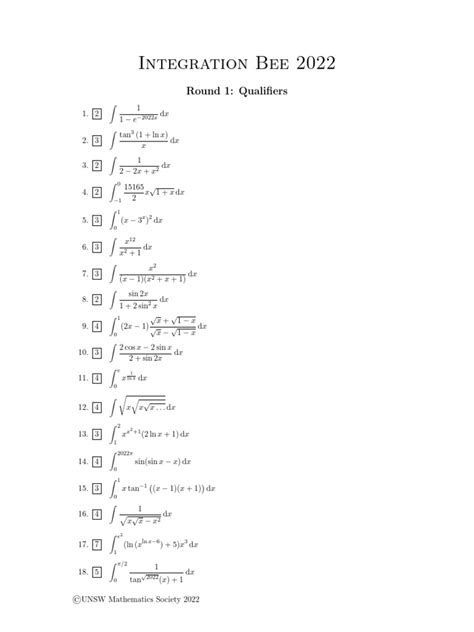 Integration Bee Questions And Answers Pdf