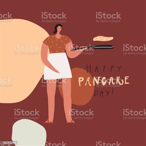 프라이팬과 팬케이크를 곁들인 양식에 일치시키는 여성 행복한 팬케이크 의 날 벡터 템플릿 2월에 대한 스톡 벡터 아트 및 기타 이미지 2월 Shrove Tuesday