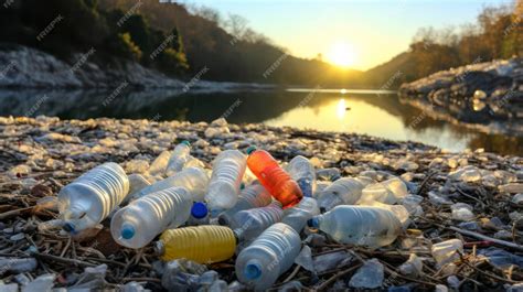 Botellas De Plástico Esparcidas A Lo Largo De Una Orilla Del Río Al