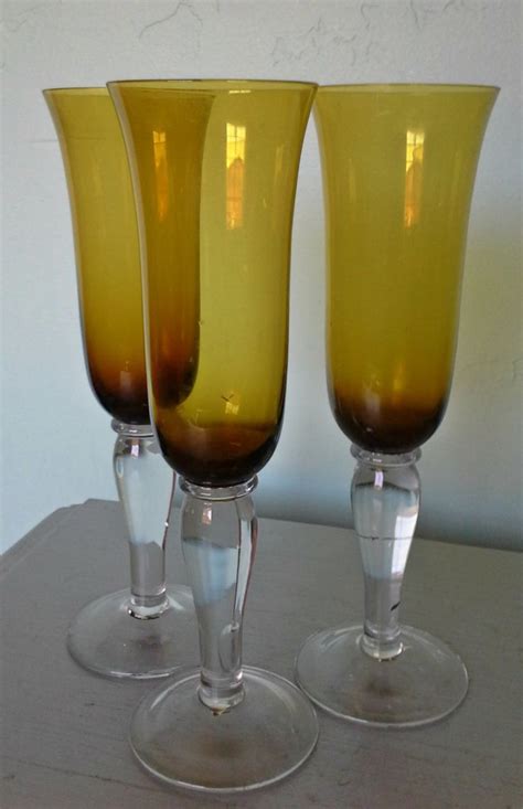 Vintage Amber Glass Champagne Flutes Set Of Three With Clear Etsy