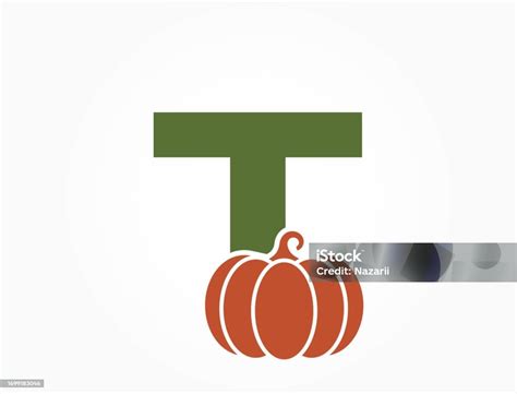 호박과 편지 T 창조적 인 야채와 유기농 식품 알파벳 로고 농업 수확 및 할로윈 상징 가을에 대한 스톡 벡터 아트 및 기타