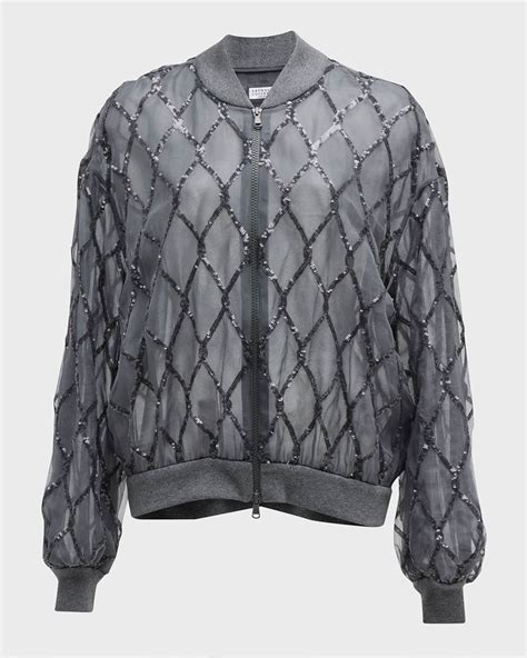 Brunello Cucinelli Silk Organza Bomber Jacket W Embellishments