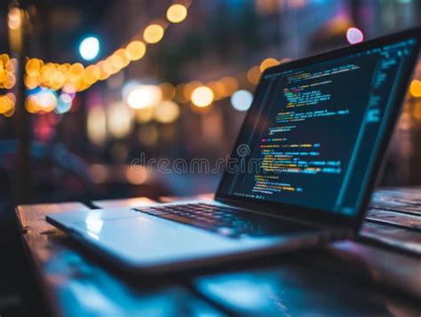Programming Code On Laptop Computer Screen At Night In The City