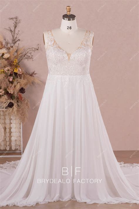 Plus Size Sleeveless V Neck Lace Chiffon Elegant Wedding Dress