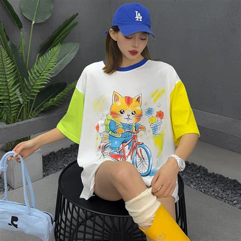 귀여운 고양이 프린팅 오버핏 여름 반팔티 코튼 롱 박스 티셔츠 2color 에이블리