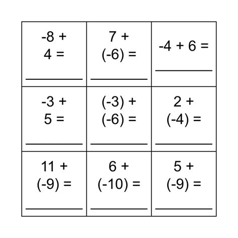 Negative Number Addition Bingo Card