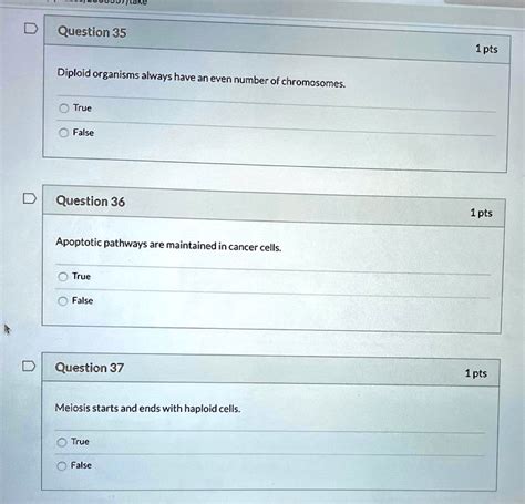 Solved Question 35 1pts Diploid Organisms Always Have An Even Number Of Chromosomes True