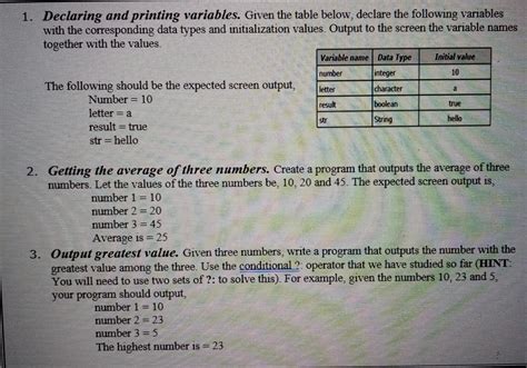 Solved Number 10 1 Declaring And Printing Variables Given