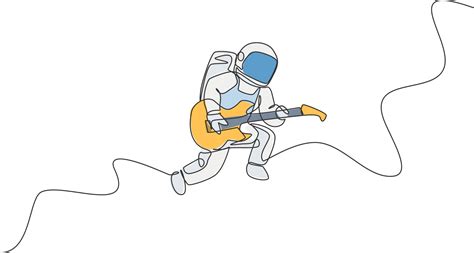 One Continuous Line Drawing Of Astronaut With Spacesuit Playing Acoustic Guitar In Galaxy