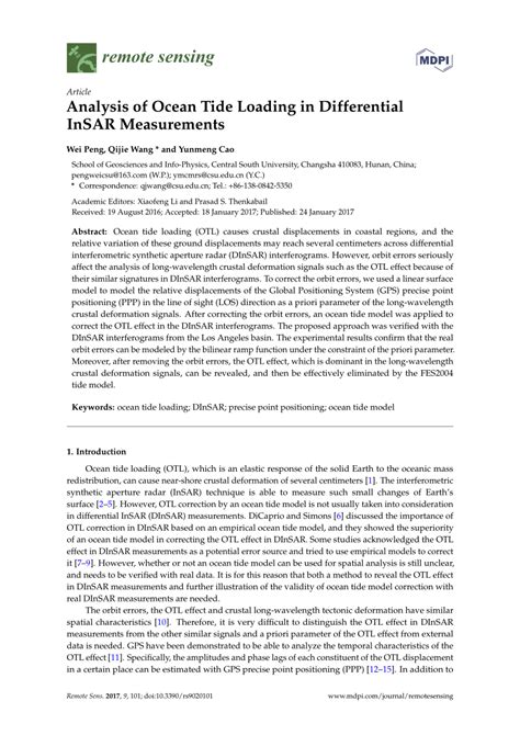 Pdf Analysis Of Ocean Tide Loading In Differential Insar Measurements