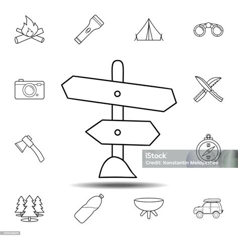 표지판 아이콘입니다 Ui 및 Ux 웹 사이트 또는 모바일 응용 프로그램에 대한 캠핑 세트 아이콘의 간단한 개요 벡터 요소 거리에 대한 스톡 벡터 아트 및 기타 이미지