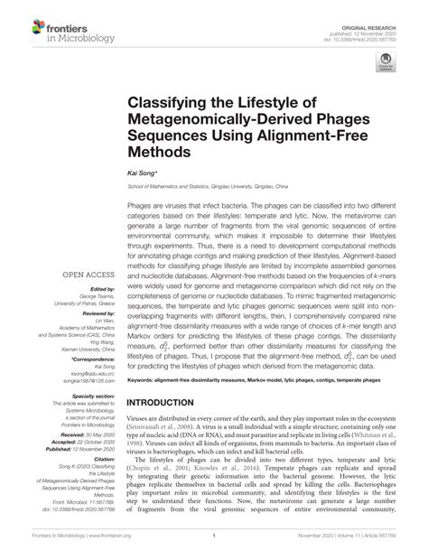 Pdf Classifying The Lifestyle Of Metagenomically Derived Phages Sequences Using Alignment Free