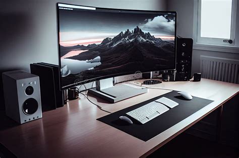 A Sleek And Modern Desk With A Large Monitor Keyboard And Mouse Stock Illustration