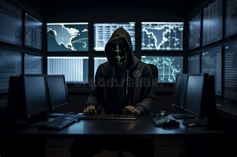 Hacker Dressed In A Hoodie Sitting In A Dark Room Surrounded By Monitors Coding Malicious