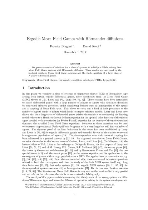 (PDF) Ergodic Mean Field Games with Hörmander diffusions