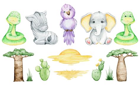 Premium Vector Python Zebra Parrot Elephant Trees Cacti Grass Sun