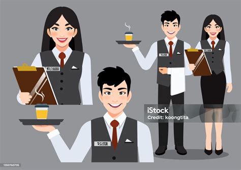전문 웨이터와 웨이트리스가 함께 서 있습니다 레스토랑 팀 컨셉 만화 캐릭터 벡터 개념에 대한 스톡 벡터 아트 및 기타 이미지
