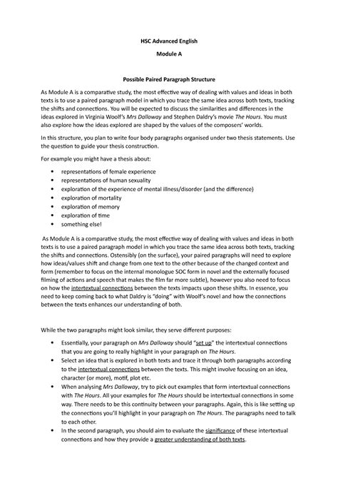 Possible Comparative Essay Structure Hsc Advanced English Module A Possible Paired Paragraph
