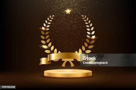 월계관 리본 별 반짝이는 반짝이 및 어두운 배경에 격리된 반짝임이 있는 금상 라운드 연단 승리 성취 성공 우승자의 보상의 벡터 황금 상징 1위에 대한 스톡 벡터 아트 및