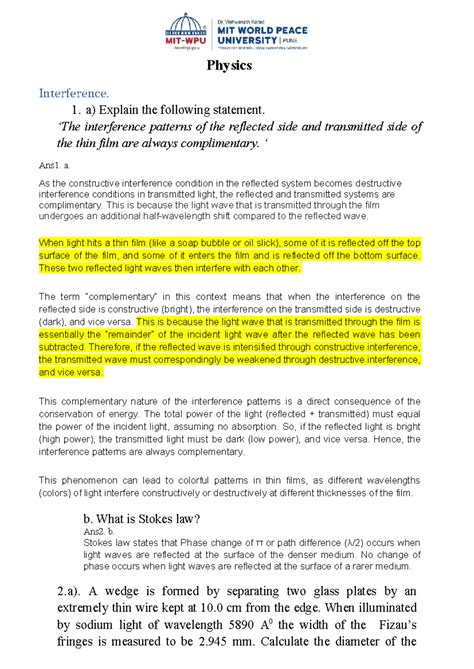 Phy Interference Diffraction Quantum Physics Interference A Explain The Following