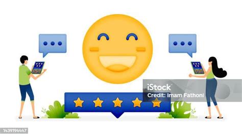 채팅 대화 및 대화의 벡터 그림으로 웃는 이모티콘과 별 다섯 개 등급 피드백을 사용합니다 랜딩 페이지 웹 웹사이트 모바일 앱 포스터 광고 전단지 배너에 사용할 수 있습니다