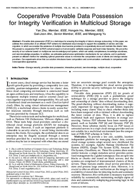 Cooperative Provable Data Possession For Integrity Verification In Multicloud Storage