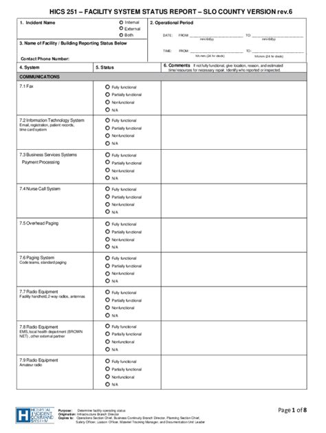 Fillable Online Slocounty Ca Hics 251 Facility System Status Report Slo County Version Rev Fax