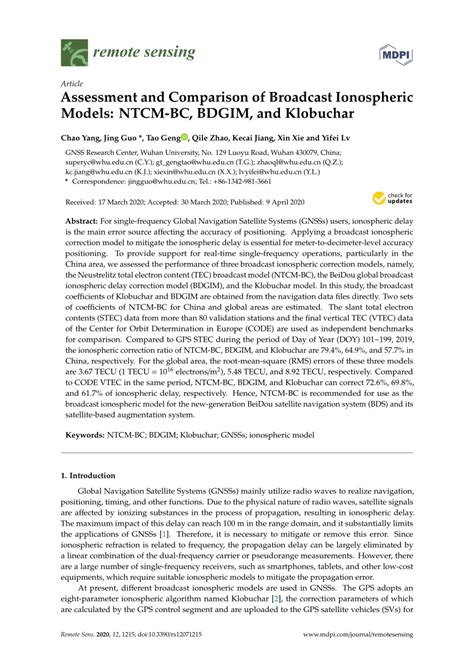 Pdf Assessment And Comparison Of Broadcast Ionospheric Models Ntcm Bc Bdgim And Klobuchar