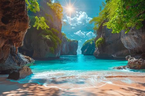 Premium Photo Majestic Tropical Cove With Sun Flares On Clear Blue
