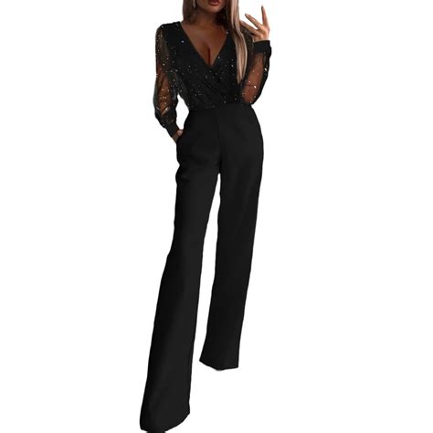 Ryrjj Sparkly Jumpsuits For Women Dressy Formal V Neck Sequin Mesh Long