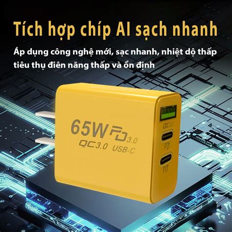 Cục sạc nhanh 65W QC4 0 thiết kế 3 cổng sạc cao cấp 1 USB 2 TYPE C phù hợp cho các dòng điện