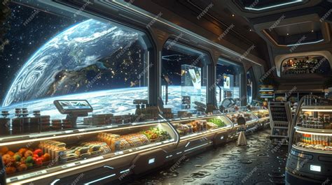 Futuristic Supermarket Experience With Stunning Galactic Backdrop On