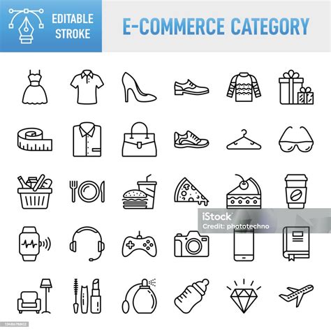 전자 상거래 범주 씬 라인 벡터 아이콘 세트입니다 픽셀 완벽 편집 가능한 스트로크 모바일 및 웹용 이 세트에는 전자 상거래 온라인 쇼핑 쇼핑 배달 상점 패션 의류 보석 음식