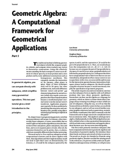 Pdf Geometric Algebra A Computational Framework For Geometrical Applications Part 1