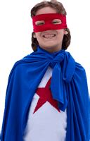 Smiling Girl Wearing Superhero Costume With Red Mask And Blue Cape On