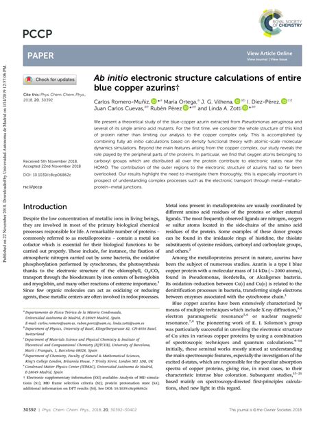 Pdf Ab Initio Electronic Structure Calculations Of Entire Blue Copper