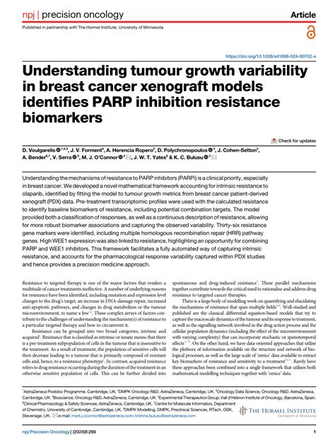 Pdf Understanding Tumour Growth Variability In Breast Cancer Xenograft Models Identifies Parp