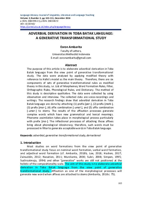 pdf adverbial derivation in toba batak language a generative