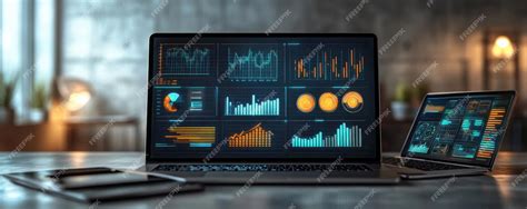 Digital Display Of Business Graphs And Analytics On Laptops In A Modern Office Setting Depicting