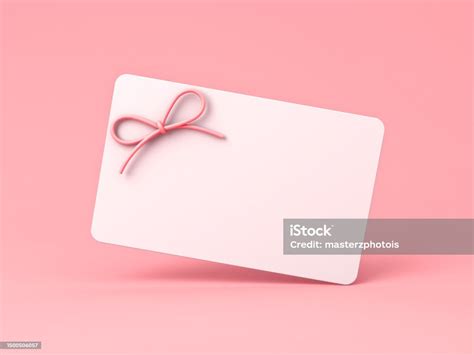 분홍색 파스텔 색상 배경에 격리된 분홍색 밧줄 리본 리본이 있는 빈 흰색 기프트 카드 또는 상품권은 최소한의 개념적 3d 렌더링입니다 0명에 대한 스톡 사진 및 기타 이미지