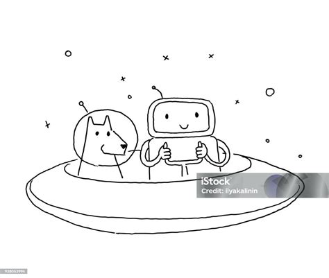 강아지와 로봇 외계인 캐릭터를 스케치 합니다 에 공간에서 비행 접시 손으로 그린 검은 선 벡터 일러스트 레이 션 건강관리와 의술에 대한 스톡 벡터 아트 및 기타 이미지