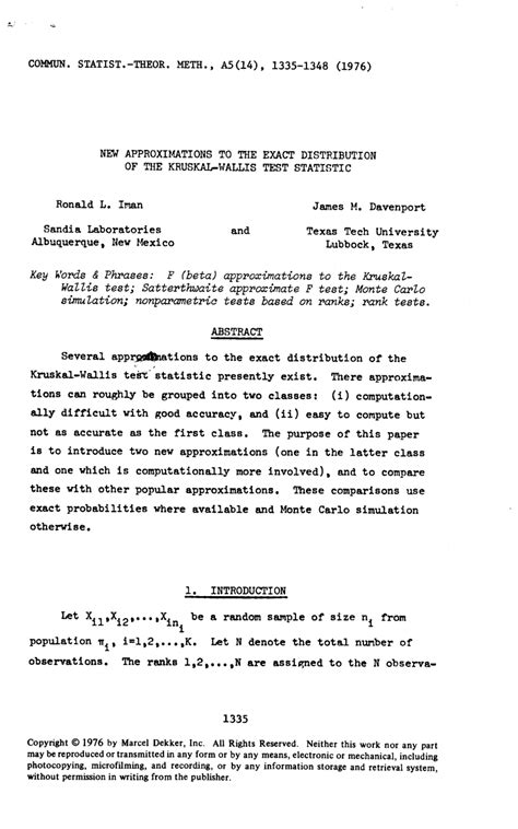 Pdf New Approximations To The Exact Distribution Of The Kruskal
