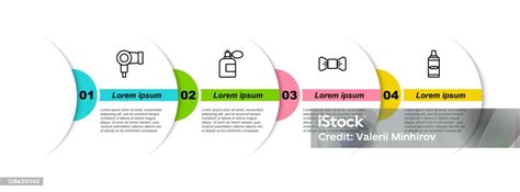 세트 라인 헤어 드라이어 분무기 나비 넥타이 및 면도 젤 폼애프터쉐이프 병 비즈니스 인포그래픽 템플릿입니다 벡터 깨끗한에 대한 스톡 벡터 아트 및 기타 이미지 Istock