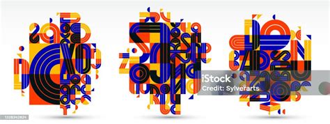 추상적인 현대 벡터 트렌디 한 디자인 세트 기하학적 모양 세련된 구성 모듈 패턴 예술 일러스트 타이포그래피 문자 요소 사용 바우하우스에 대한 스톡 벡터 아트 및 기타 이미지