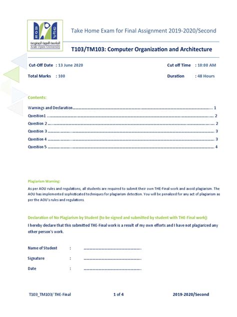T103tm103 Computer Organization And Architecture Take Home Exam For Final Assignment 2019