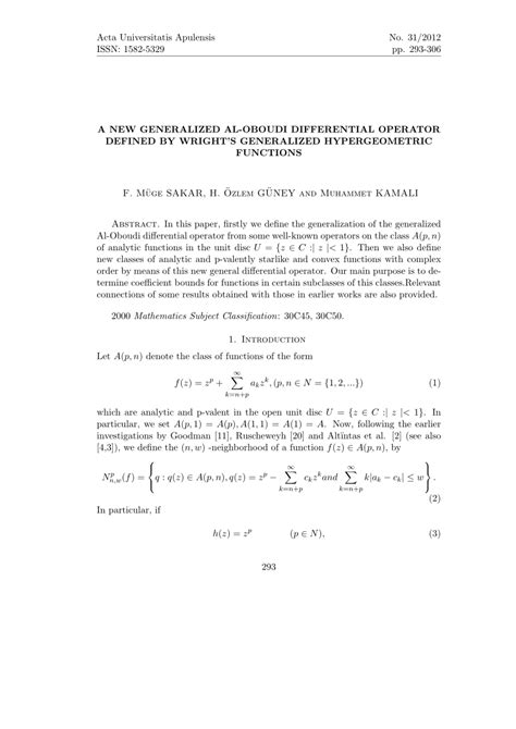 Pdf A New Generalized Aloboudi Differential Operator Defined By Wrights Generalized
