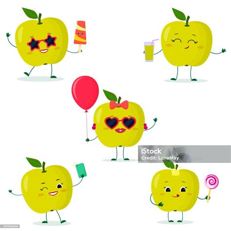 만화 스타일의 귀 엽 고 귀여운 녹색 사과 과일 5 개 세트 아이스크림 풍선 사탕을 가진 안경 주스와 함께 셀 카 전화 평면 벡터 일러스트 레이 션 감정에 대한 스톡 벡터